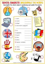 School Subjects ESL Vocabulary Worksheets